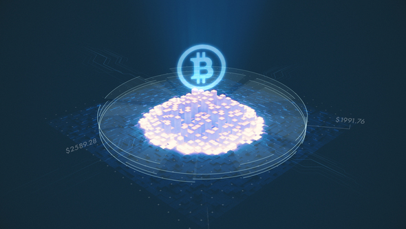 Luminous financial bars on blue dark background showing hologram of Bitcoins, Motion Graphics